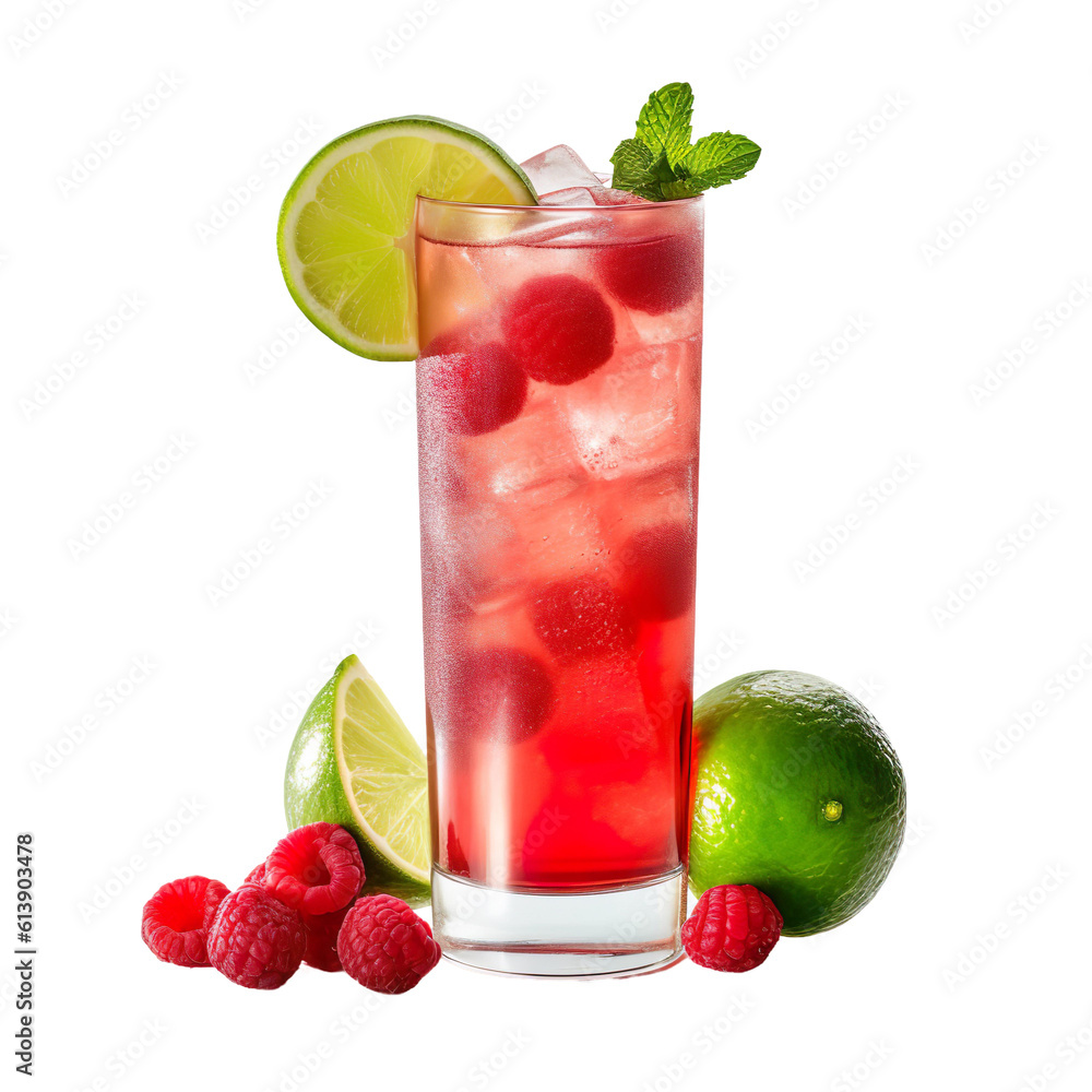 front view of Raspberry Lime Ricky cocktail drink isolated on transparent background Stock ...
