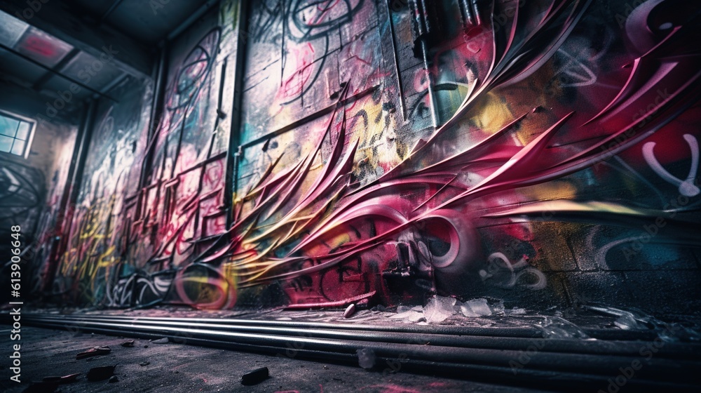 a wall with graffiti on it and a window in the background. generative ...