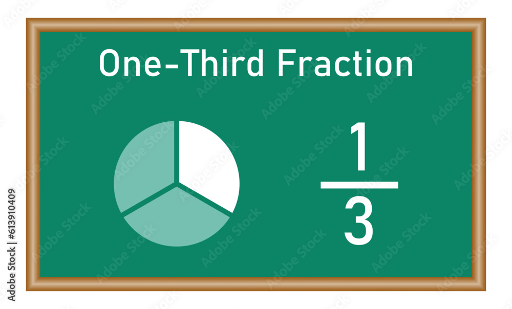One-third fraction circle with fraction number. Fraction parts. Numerator, denominator and ...