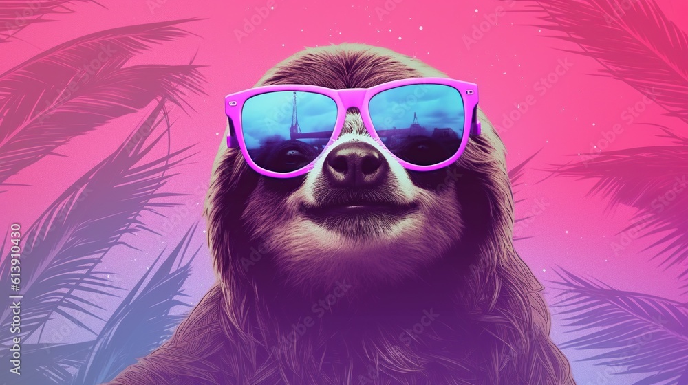 Vaporwave stylish pop art illustration with sloth wearing sunglasses on ...