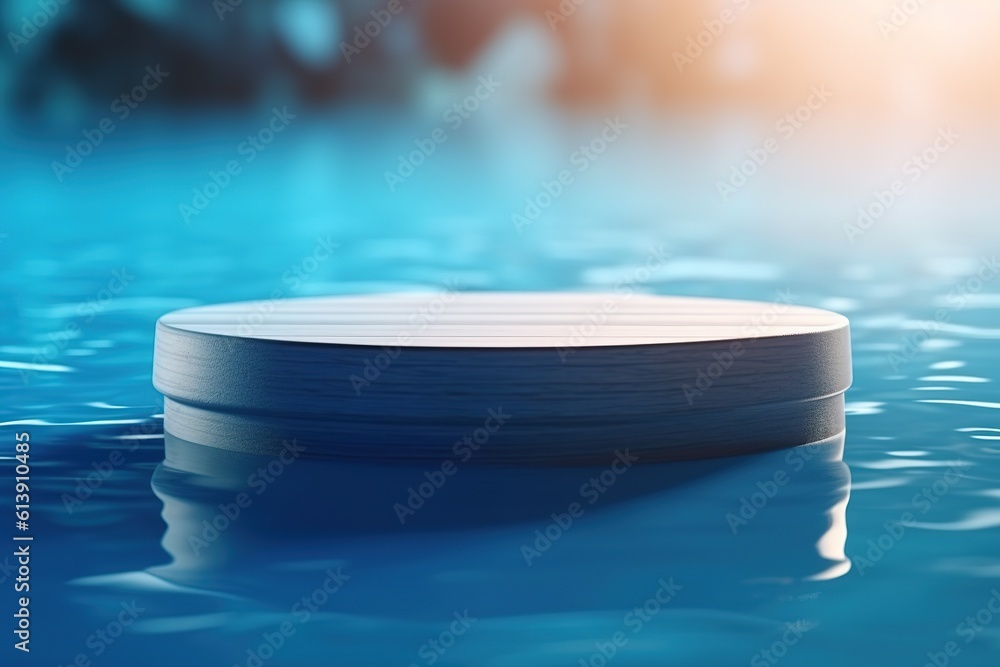 Circular platform, round podium for product display in pond with calm ...