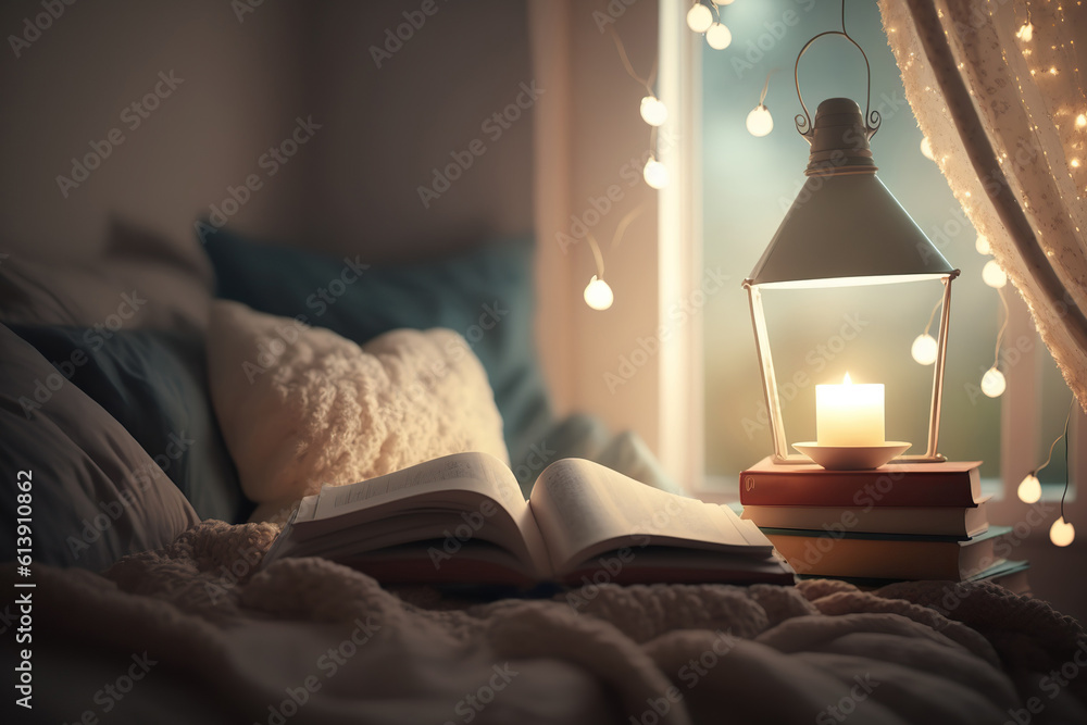 Cozy bedroom at night with open book, pillow and blurred garland lights ...