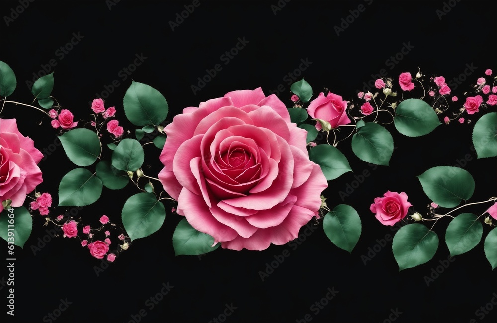 Rose flower border on black background, abstract flora banner ...