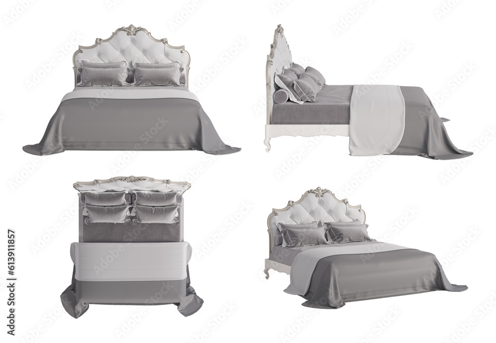Set of four views of a classic bed with a luxury white quilted ...