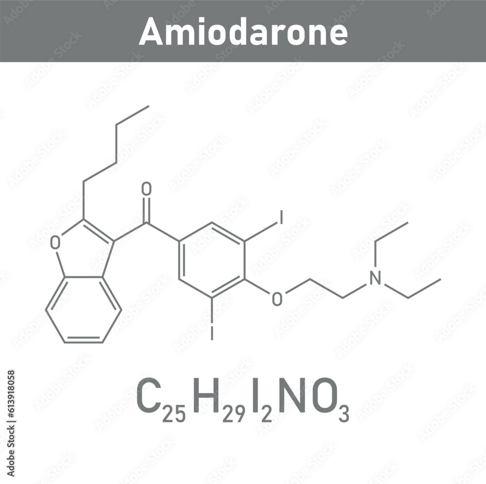 Chemical structure of Amiodarone (C25H29I2NO3). Chemical resources for ...