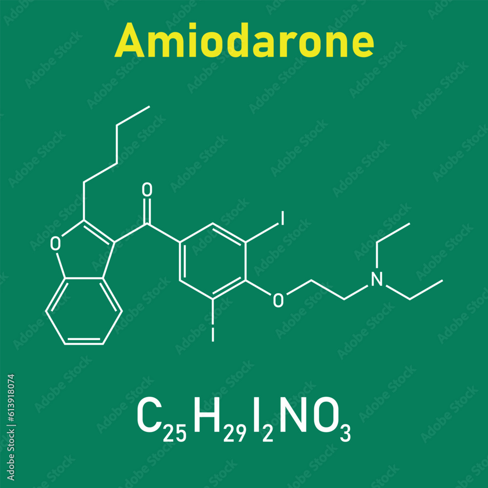 Chemical structure of Amiodarone (C25H29I2NO3). Chemical resources for ...