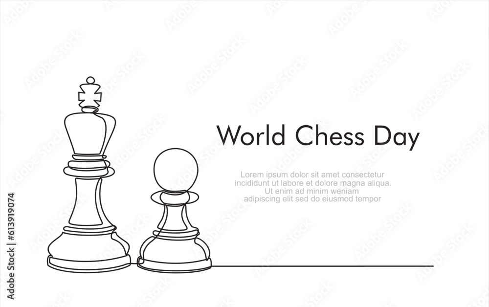 World chess day. Queen and pawn, chess pieces continuous one line art ...