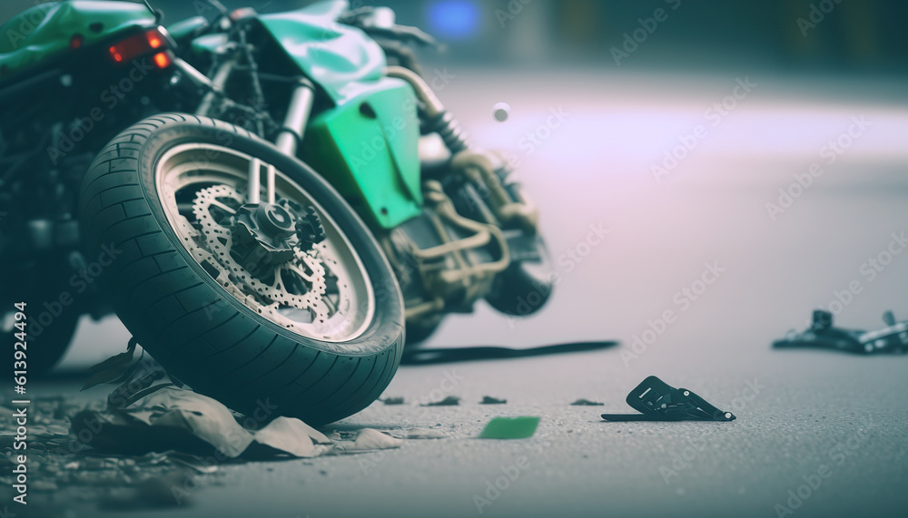 Motorcycle crash road accident with broken motorbike. City background ...