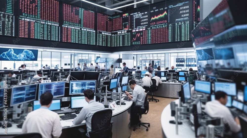 Trading floor with terminals, people in motion blur. Financial ...