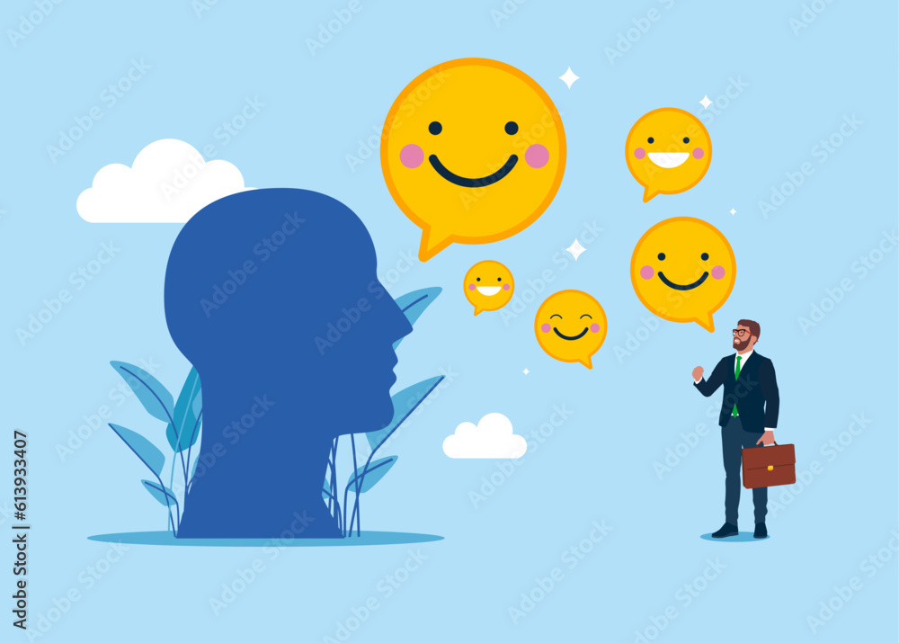 Happy businessman and human head holding smiling face emoji. Employee ...