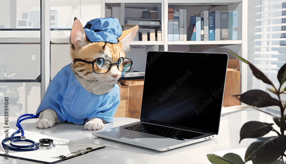 cat dressed as a doctor sits at a table at a computer in a medical ...