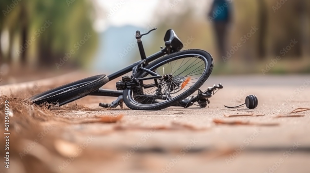 Road accident scene with destroyed bike. Bicycle crash on roadside ...