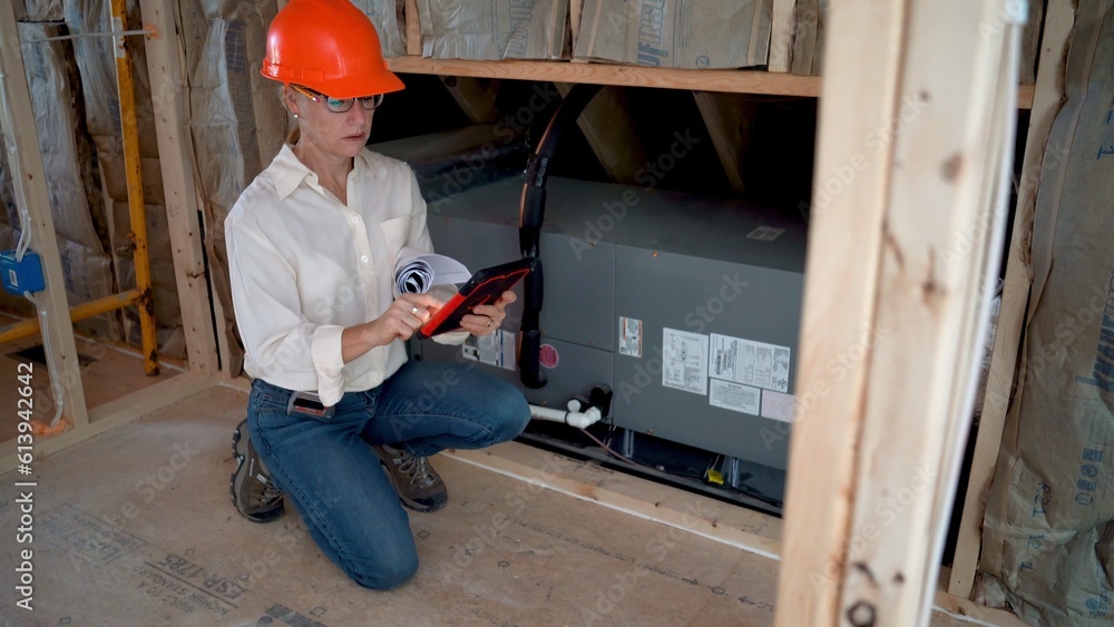 Female construction project manager checking HVAC furnace or air ...