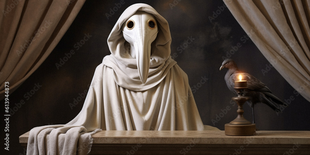 Victorian plague doctor in white, with a black crow, created with ...