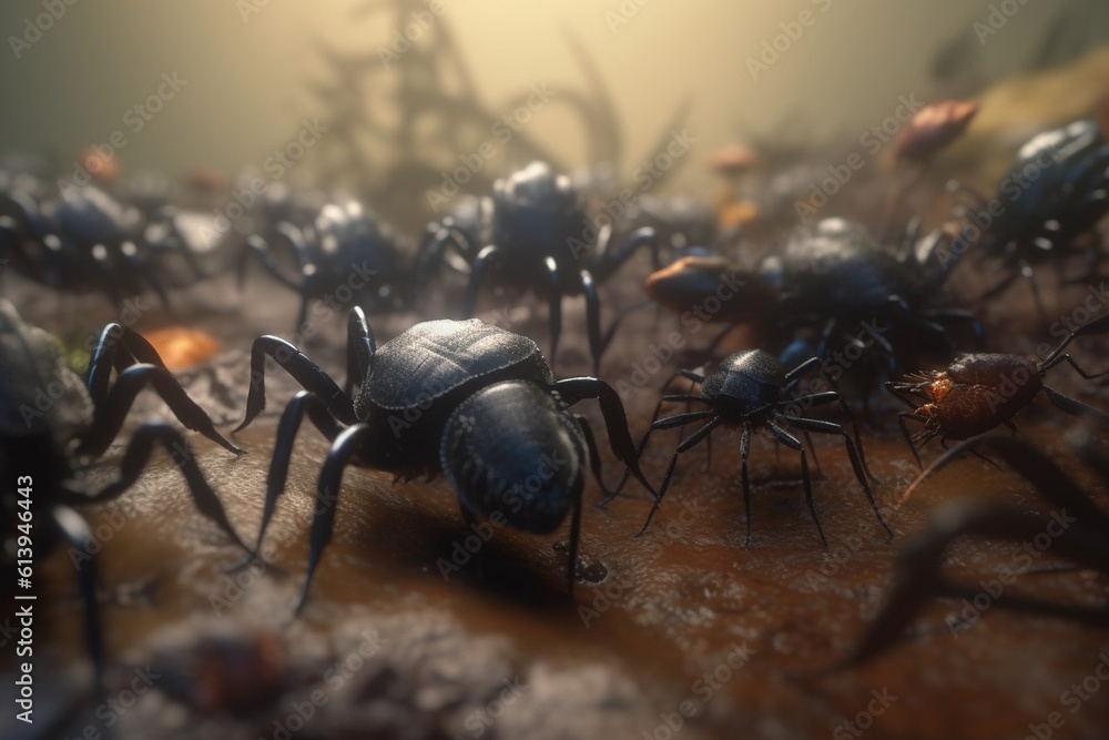 A detailed illustration of a group of arthropods, such as spiders or ...