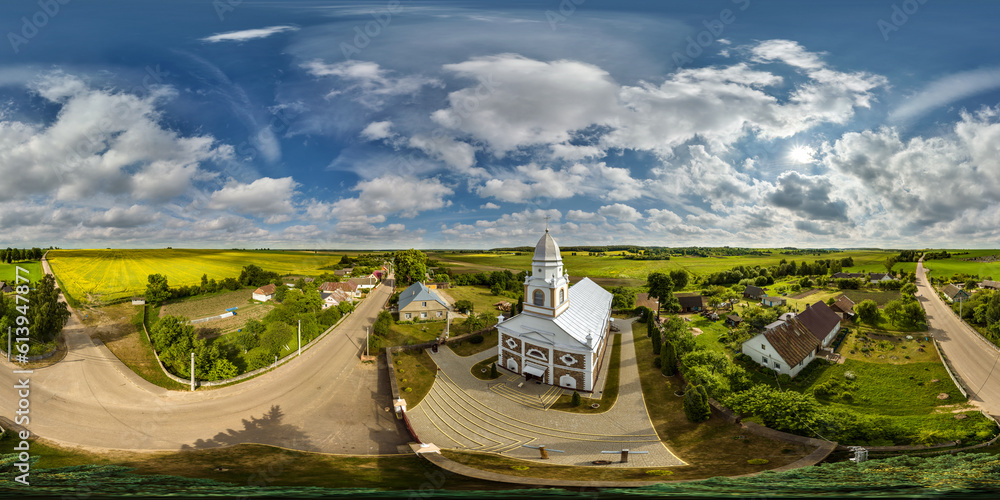 full hdri 360 panorama aerial view on red brick neo gothic catholic ...