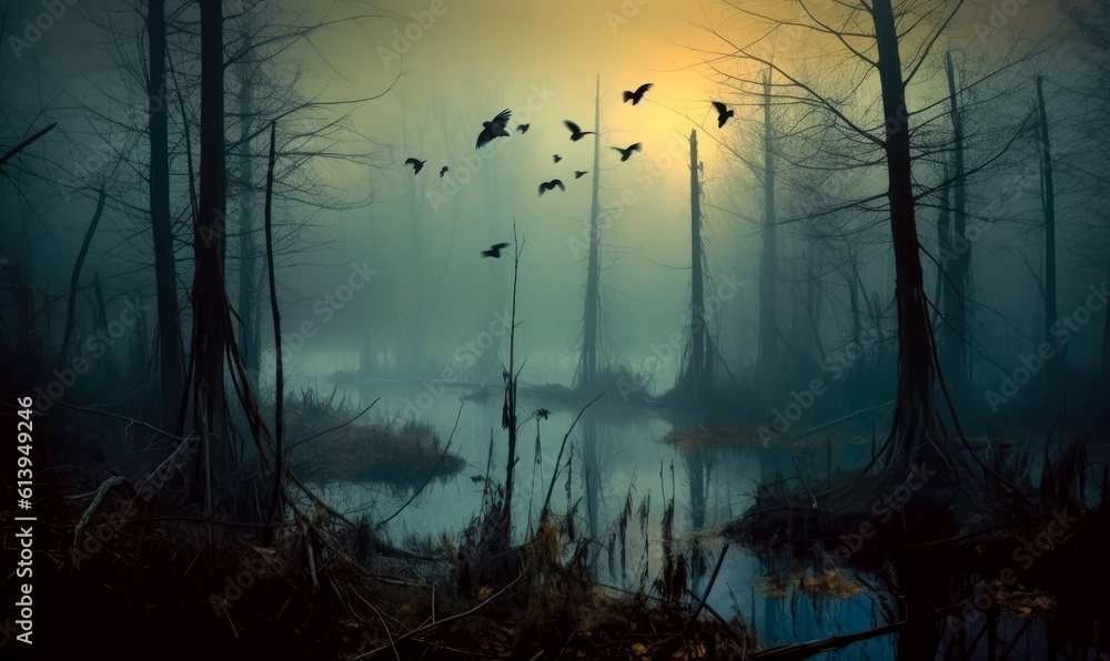 Horror forest full moon with birds flying through fog, in the style of ...