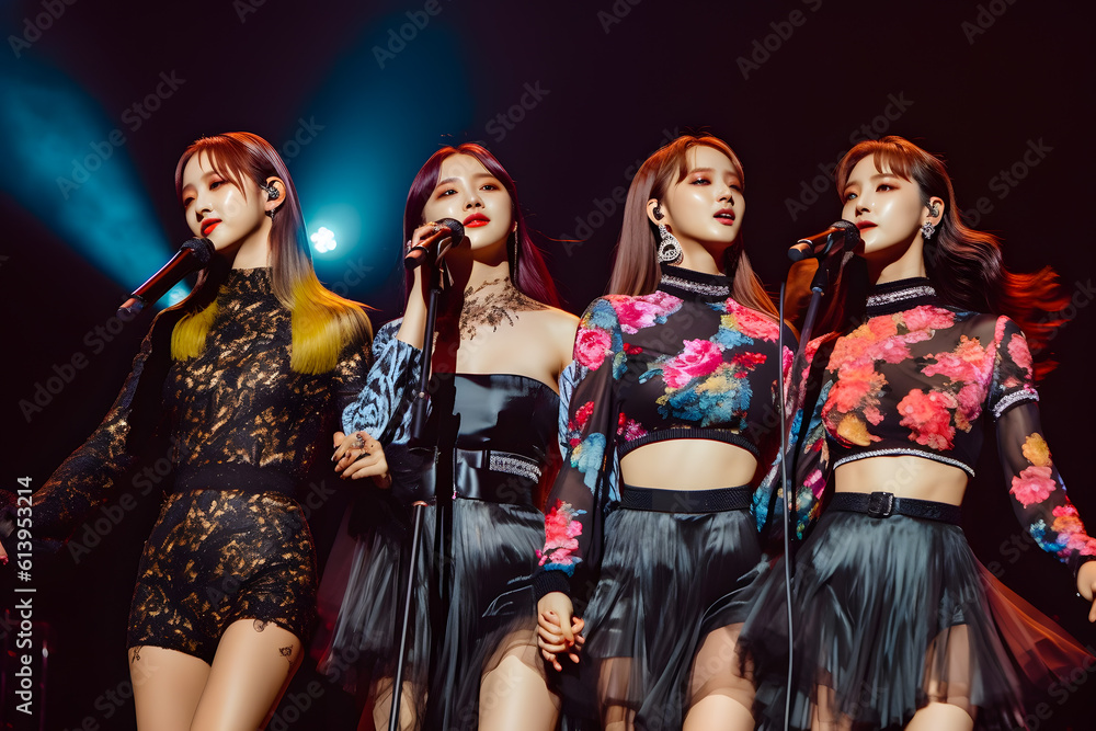 Four Korean girls sing on stage during a concert, a popular group ...