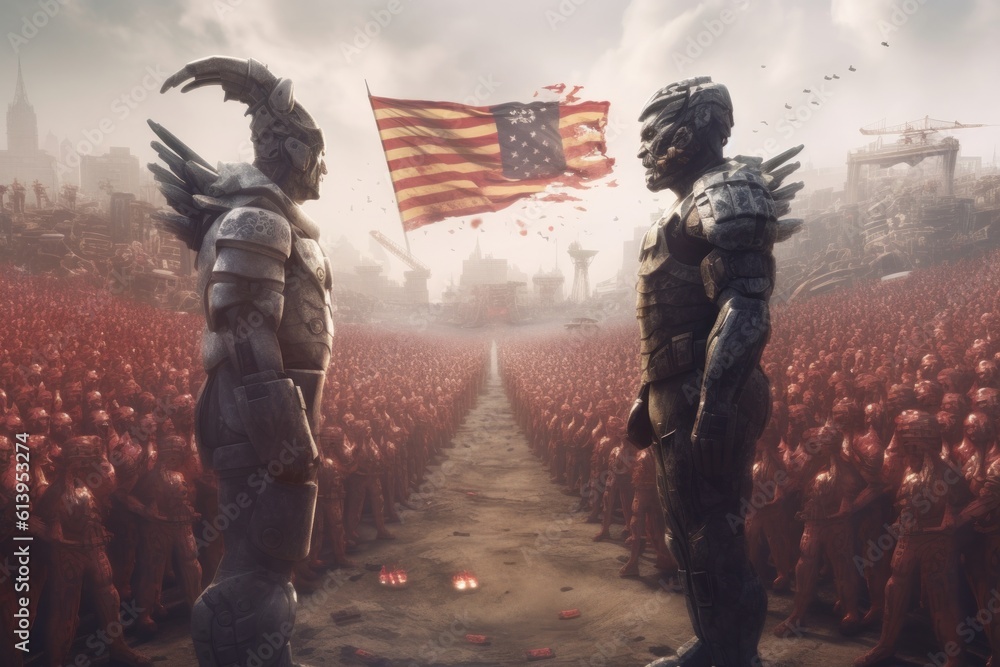 Two cyborgs fight each other against the background of the American ...