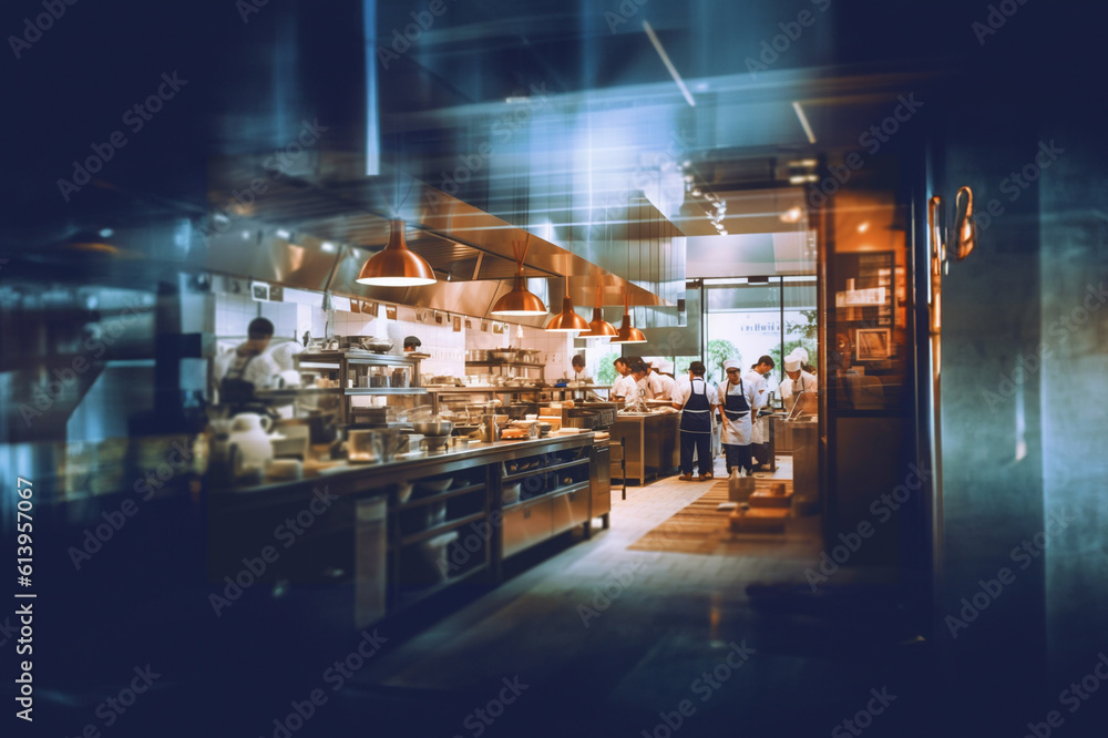 blurred restaurant background with some people eating and chefs and ...