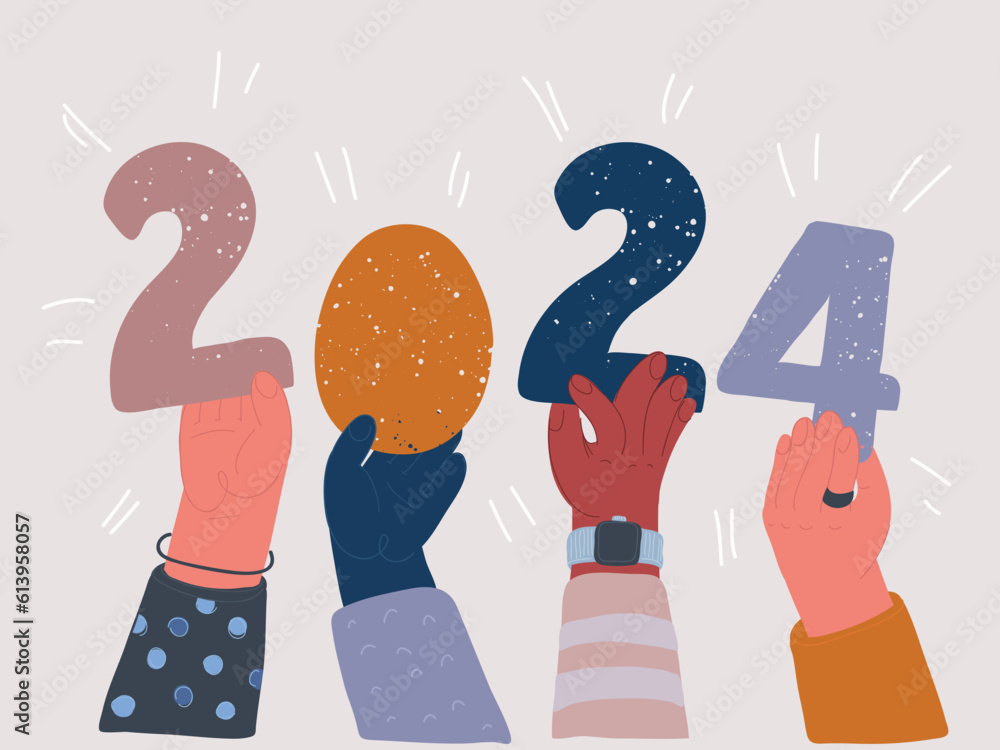 Vector illustration of diverse hands holding festive 2024 numbers for ...