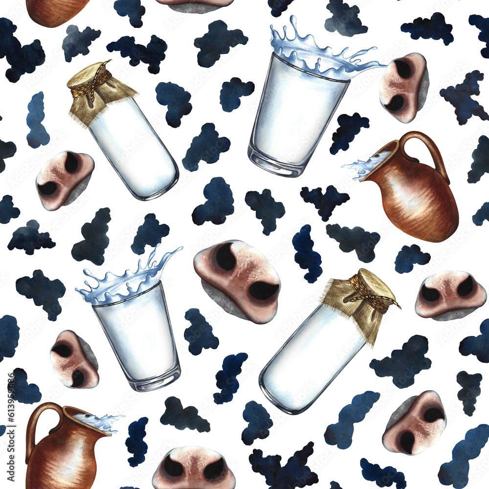 Seamless pattern with dairy cow noses and spots. On a white background ...