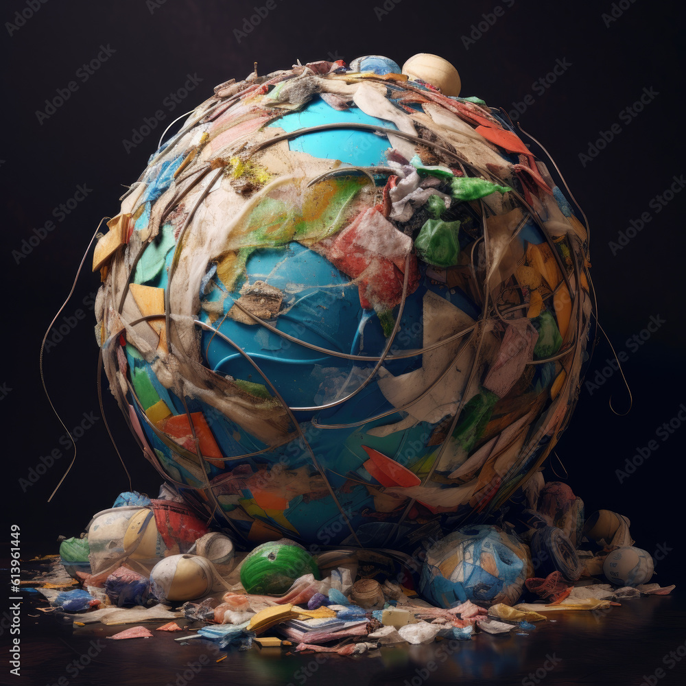Globe of planet earth with man-made garbage on a dark background ...