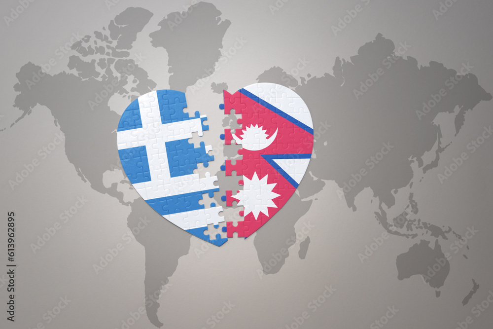 puzzle heart with the national flag of nepal and greece on a world map ...