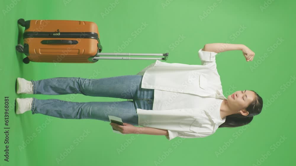 Full Body Of Asian Female Traveler With Luggage And Passport Smiling ...