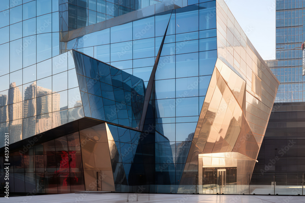 A striking architectural detail of a modern skyscraper, showcasing ...