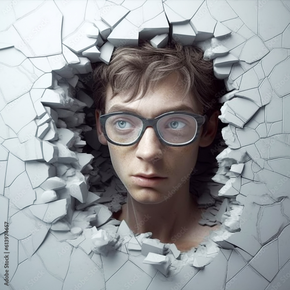 man looking out of a hole in a broken wall, Generative AI Stock ...