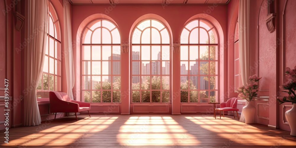 A charming room with a window and a door set in a soft pink wall ...