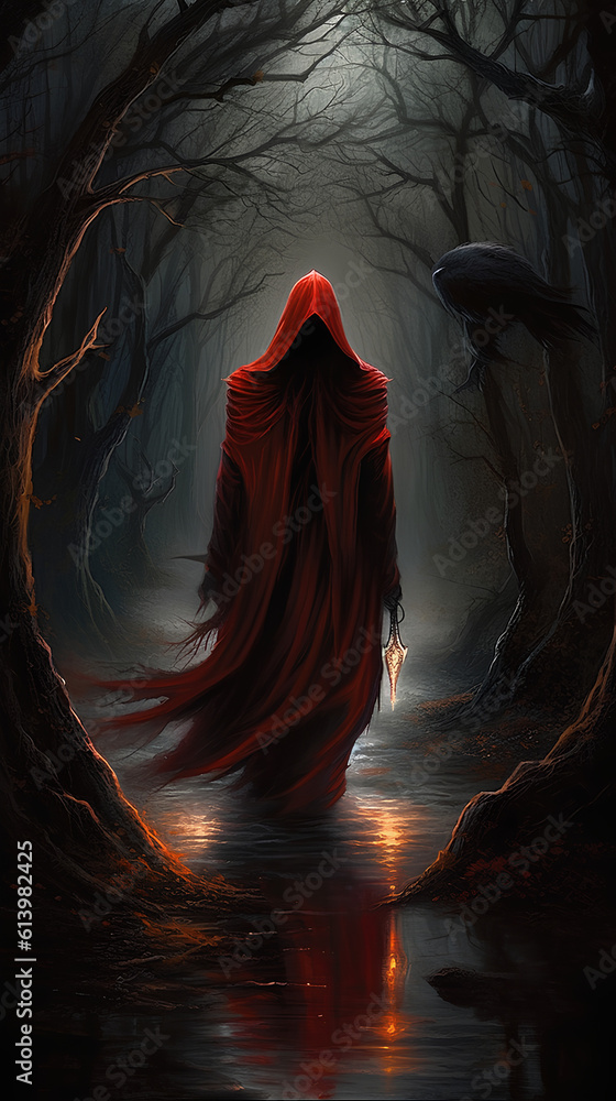 Red Cloaked Figure in Dark Woods Stock Illustration | Adobe Stock