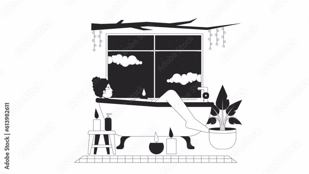 Home spa day bw lo fi animation. Woman relaxing in bathtub. Bath with ...