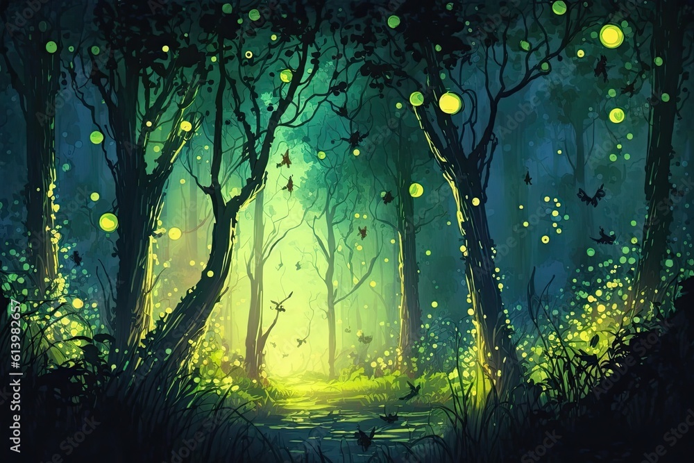 Beautiful scenery. Nighttime forest view with fireflies. Tall trees ...