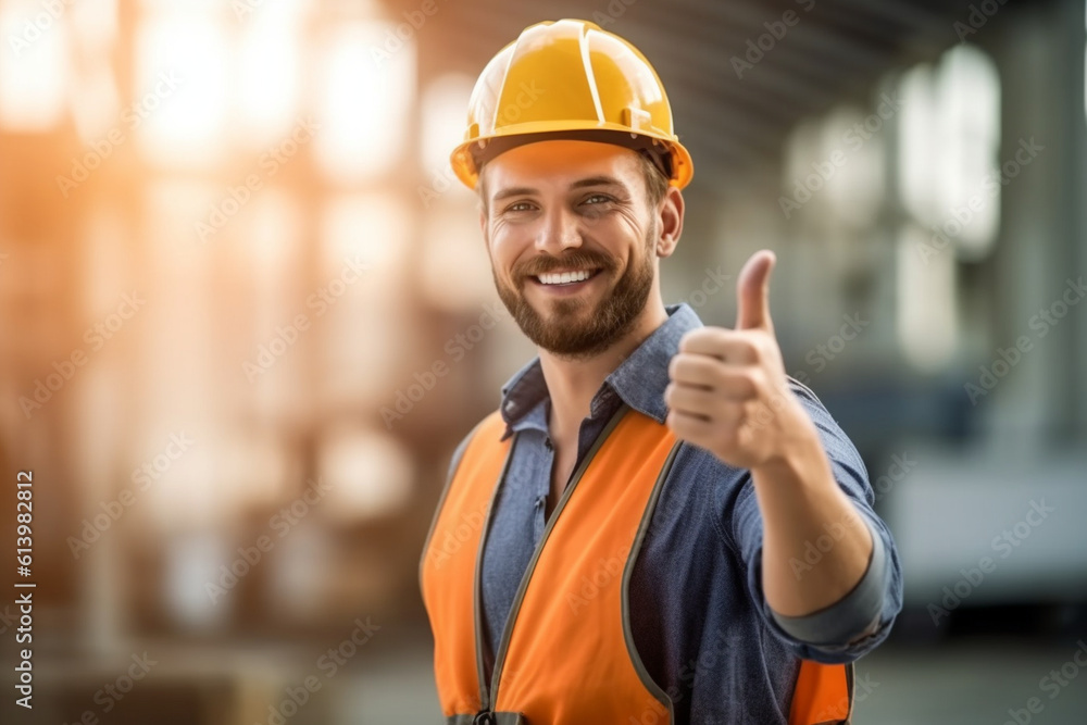 Builder giving a thumbs up while standing at a construction site ...