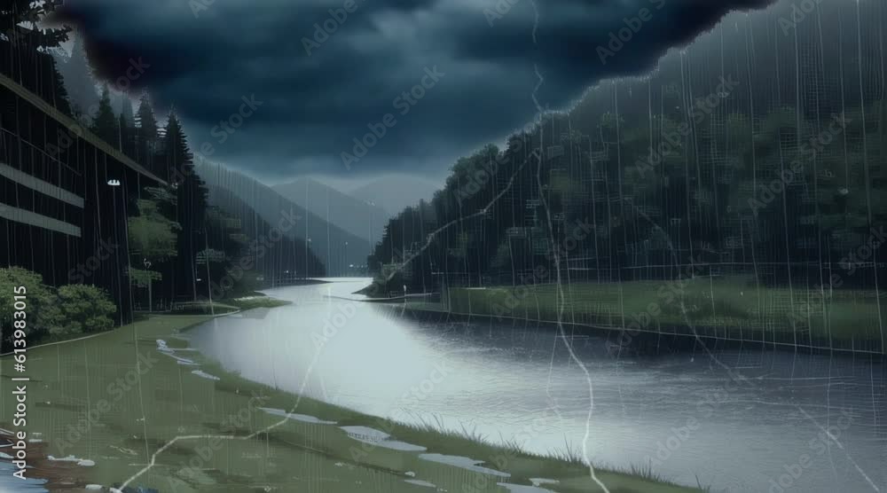 flow river stormy rainy season with lightning, roaring skies and heavy ...