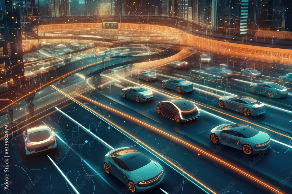 Cars in an urban setting, where vehicles seamlessly communicate ...