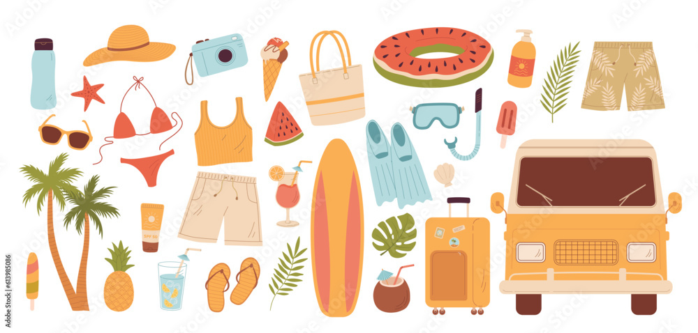 Cartoon travel and beach accessories. Summertime elements vector ...