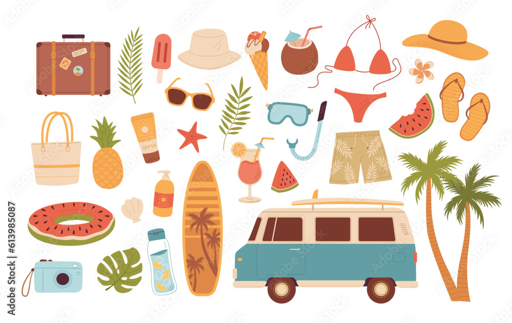 Cartoon car travel and beach accessories. Summertime elements vector ...