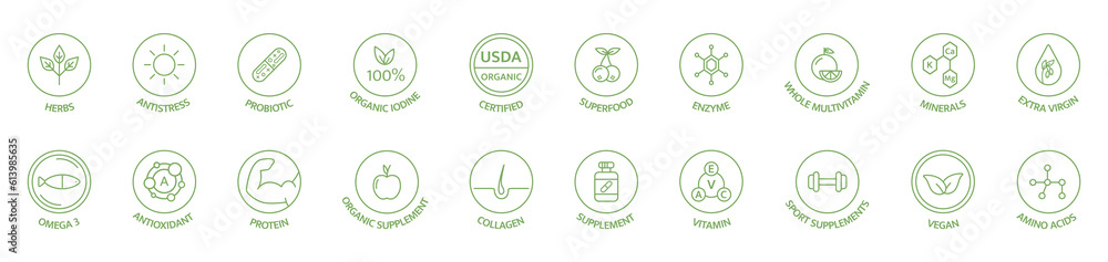 Supplement and vitamin line icon set. Natural probiotic, protein ...