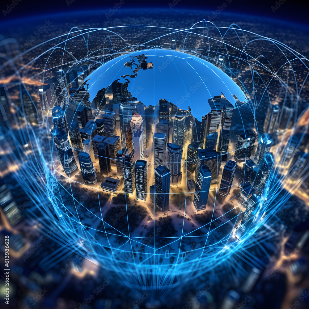 Earth globe overlay with blue holographic lines representing ...