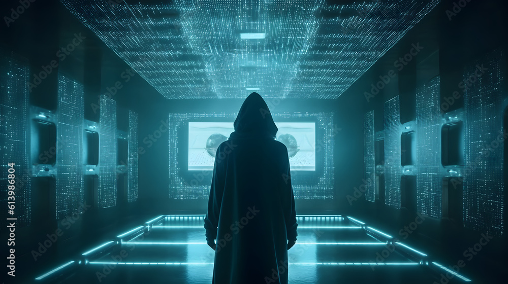Hooded figure standing in room filled with projected technology images ...