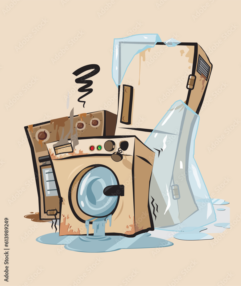 Damaged Home Appliances Set, Broken Washing Machine and Refrigerator ...