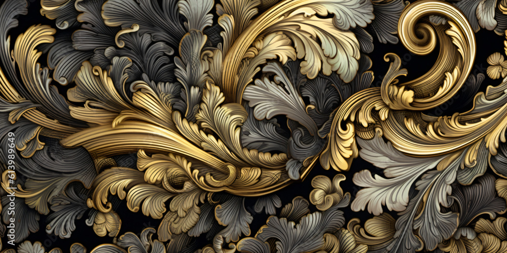 rich detailed brocade texture illustration with golden and gray leaves ...