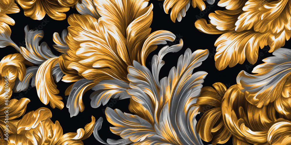 rich detailed brocade texture illustration with golden and gray leaves ...