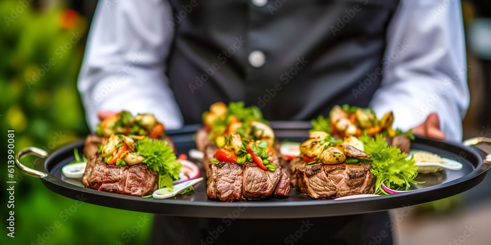 A waiter holds a barbecue in an outdoor party plate. waiter hold tray ...