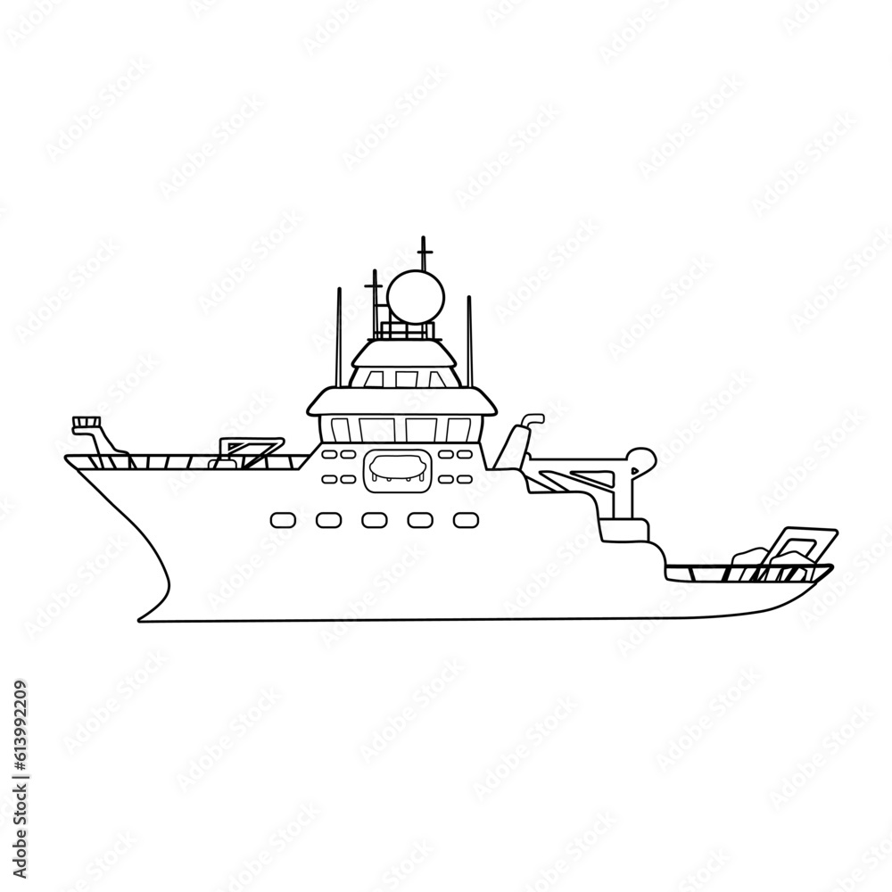 Black-white linear outline research vessel illustration for coloring ...