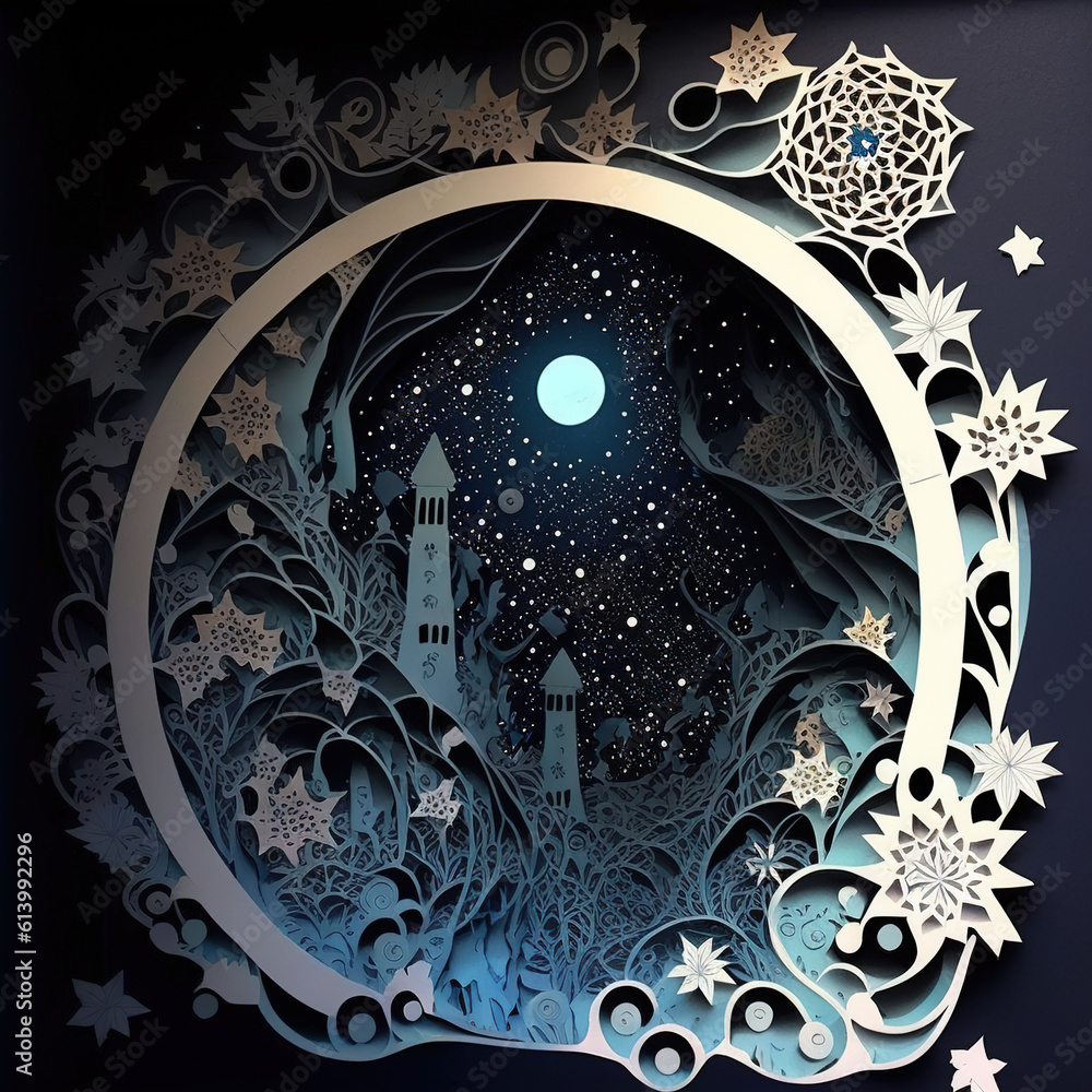Multidimensional paper cut illustration starry night with glowing ...