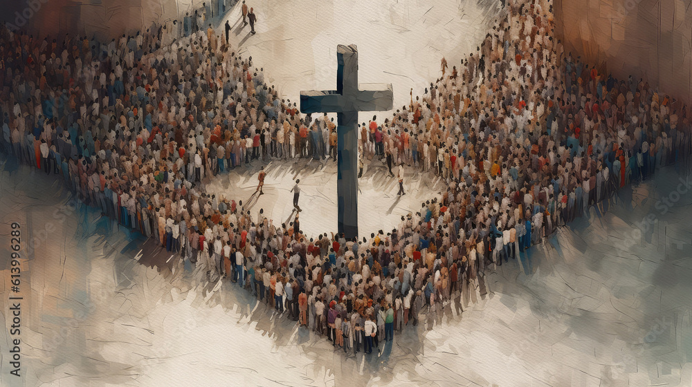 Many people around the cross, christian concept, modern painting ...